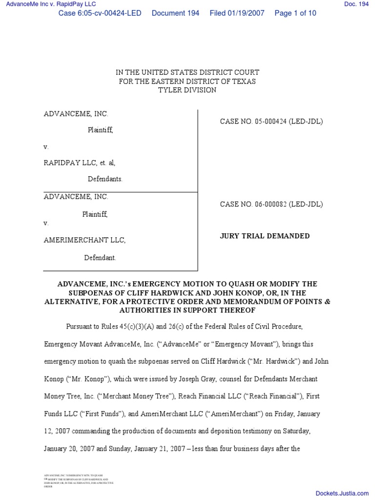 AdvanceMe's Motion to Quash Subpoenas | PDF | Deposition (Law ...