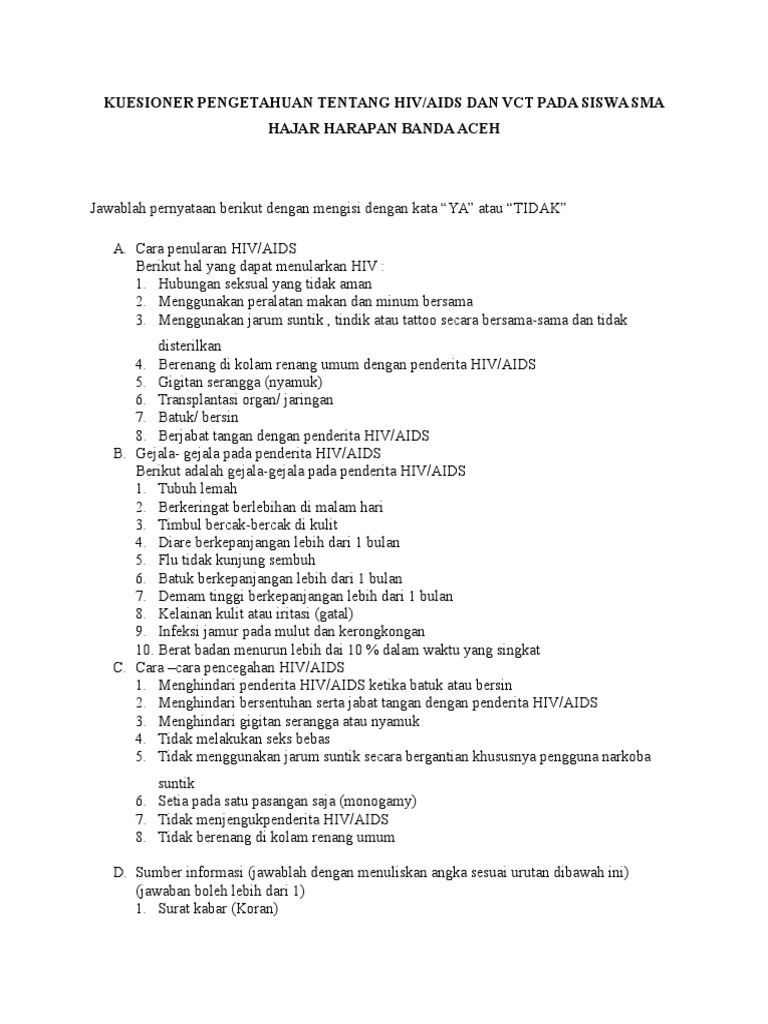 Kuesioner Pengetahuan Tentang Hiv | PDF
