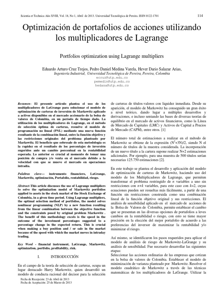 Optimizacion de Portafolios de Acciones Utilizando Los Multiplicadores de Lagrange | Descargar ...