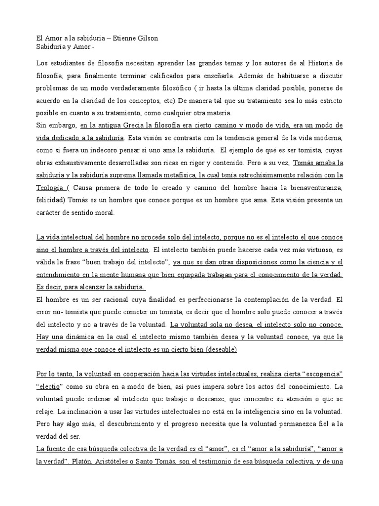 Amor A La Sabiduria De Etienne Gilsón Pdf Comprensión Tomás De