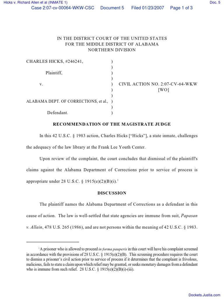 Hicks v. Richard Allen Et Al (INMATE 1) - Document No. 5 | PDF ...