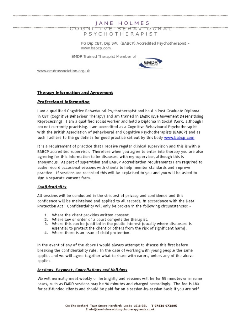 Therapy Contract Information - Doc 1 | PDF | Cognitive Behavioral ...