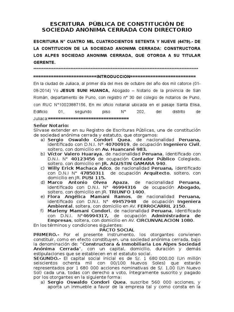 Escritura de Constitución de Sociedad Anónima Cerrada Con Directorio | Liquidation | Dividend