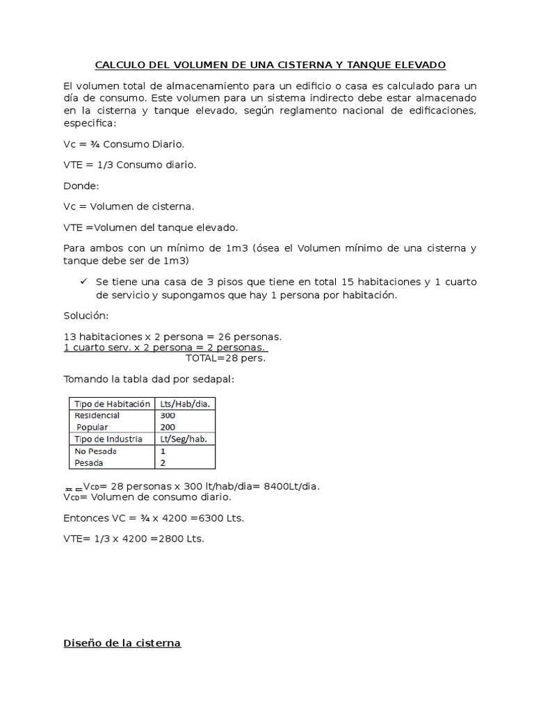 Calculo Del Volumen de Una Cisterna y Tanque Elevado 1 | PDF