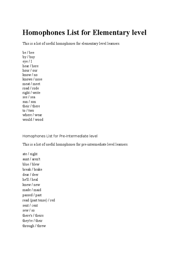 Homophones List For Elementary Level | PDF