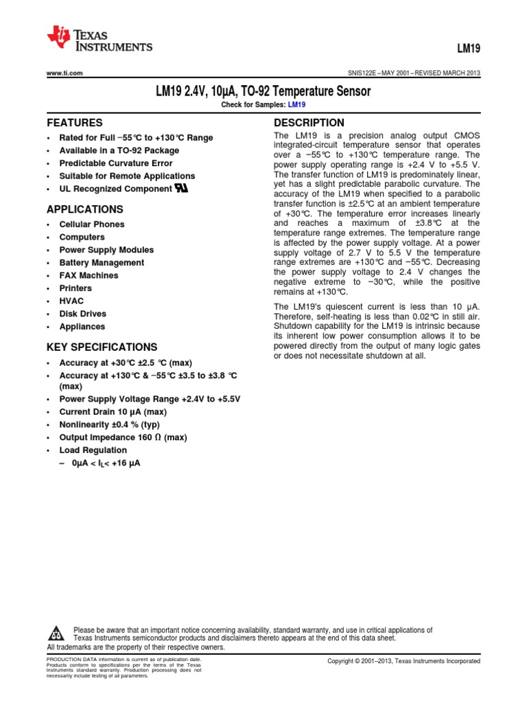 LM19 2.4V, 10 A, TO-92 Temperature Sensor: Features Description | PDF ...