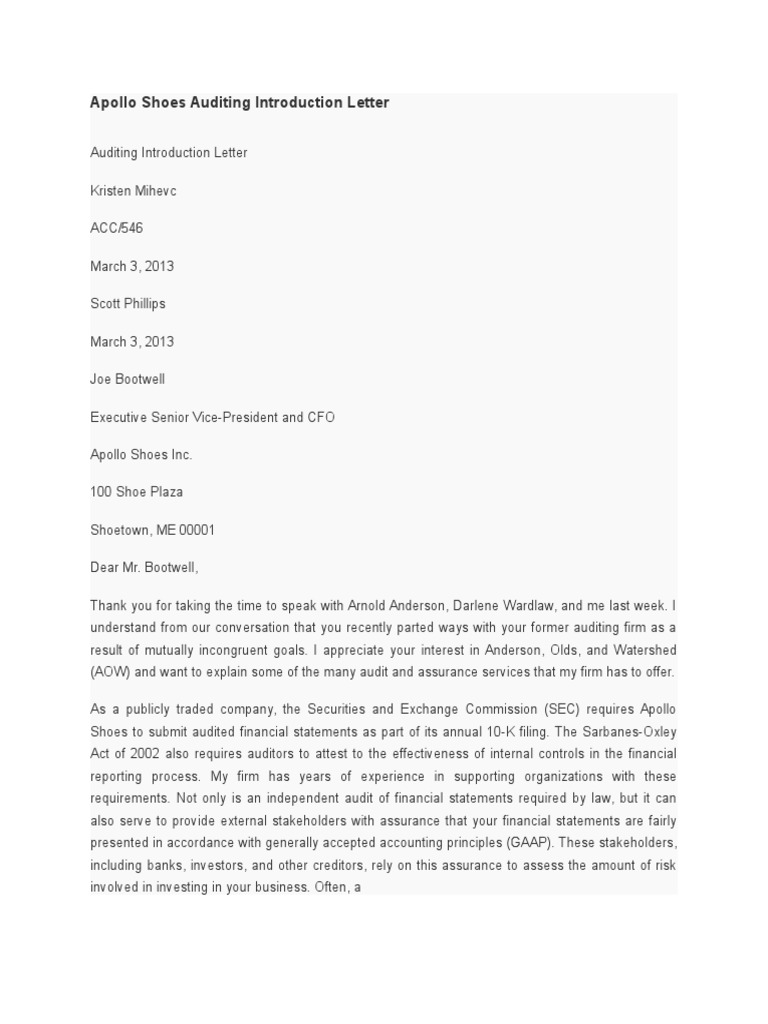 Apollo Shoes Auditing Introduction Letter Sample | PDF | Audit ...