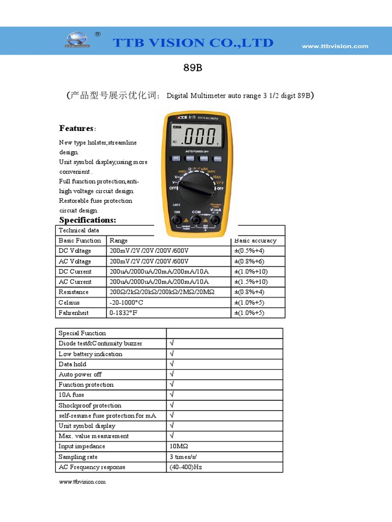 Digital Multimeter 89B Specifications | PDF