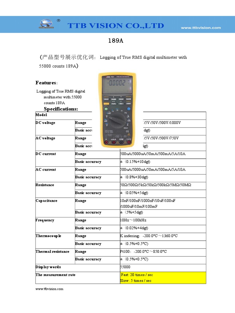 True RMS Multimeter 189A Features & Specs | PDF | Technology & Engineering