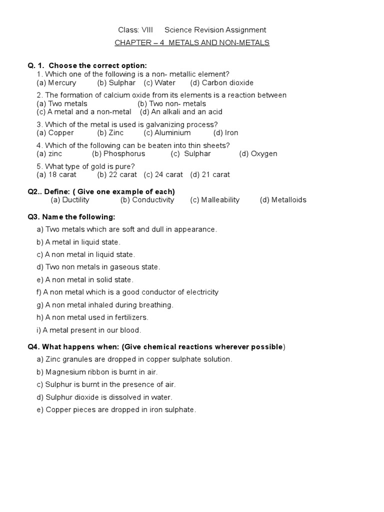 Metals and Non Metals Class 8 CBSE Science Assignment | PDF | Metals ...