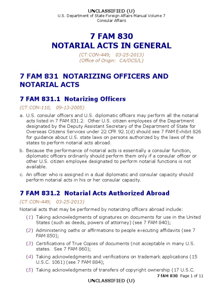 7 FAM 830 Notarial Acts In General