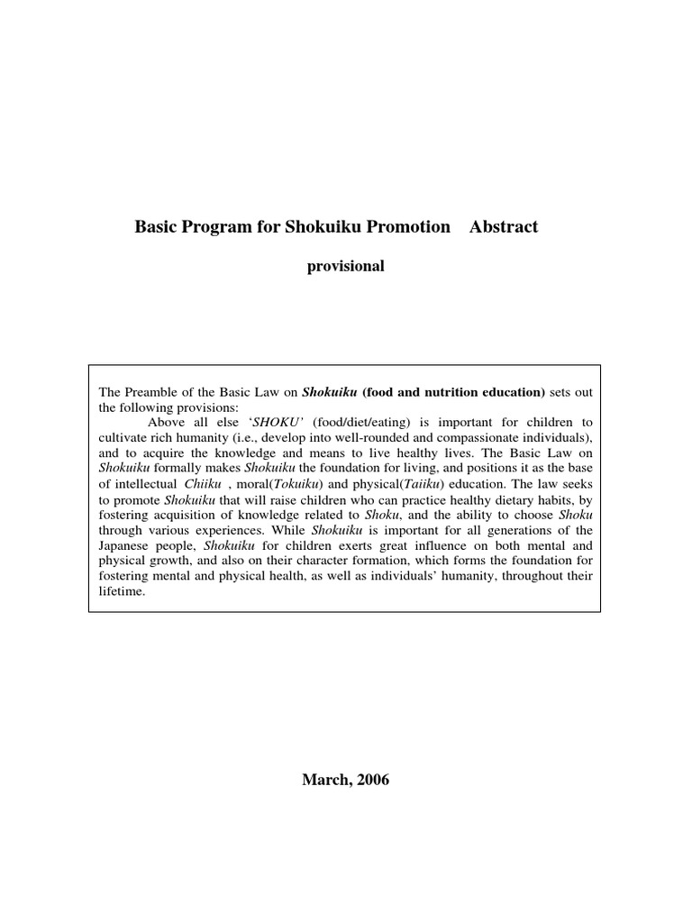 Basic Program For Shokuiku Promotion (Abstract) | PDF | Diet (Nutrition ...