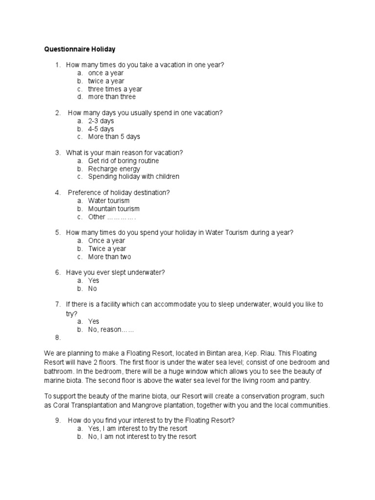 Sample Questionnaire (Holiday) | PDF | Resort | Tourism