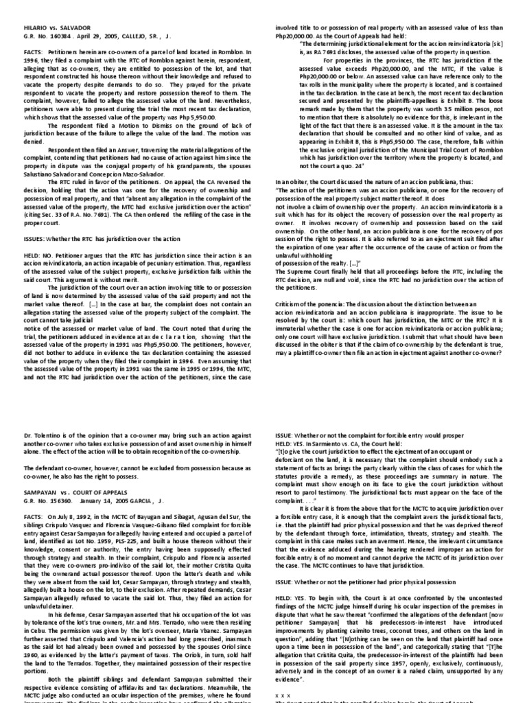 1b.ownership Case Digests | PDF | Complaint | Eviction