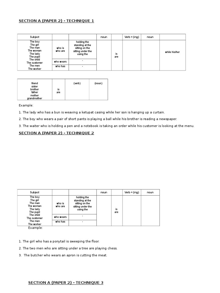 Section A (Paper 2) - Technique 1: Subject Noun Verb + (Ing) Noun | PDF
