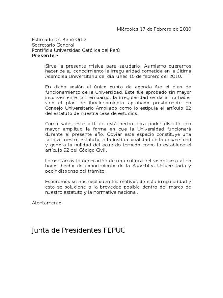 Carta A Rector y Secretario General PUCP | PDF | Universidad ...