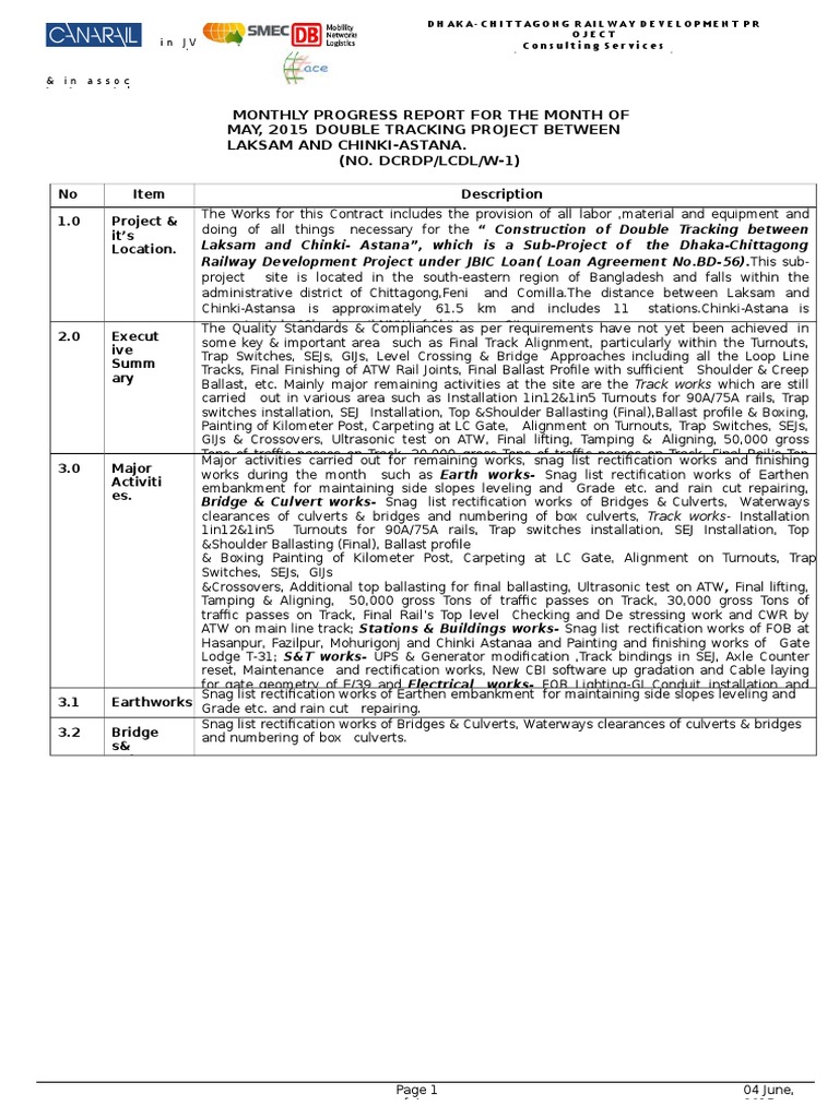Monthly Progress Report For The Month of May, 2015 Double Tracking ...