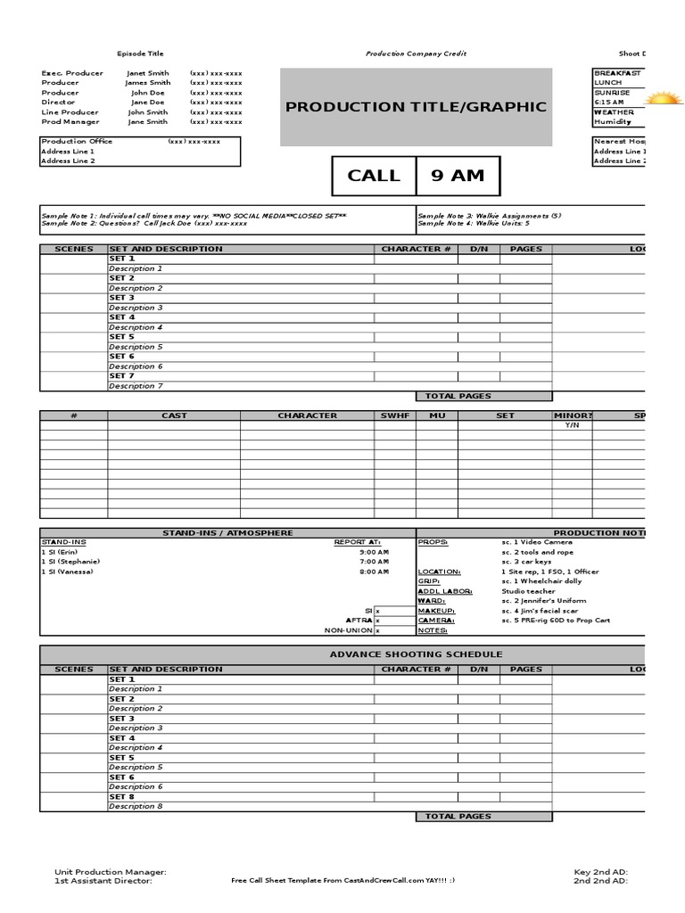 Cast and Crew Call - Call Sheet Template PC | Film Theory | Filmmaking