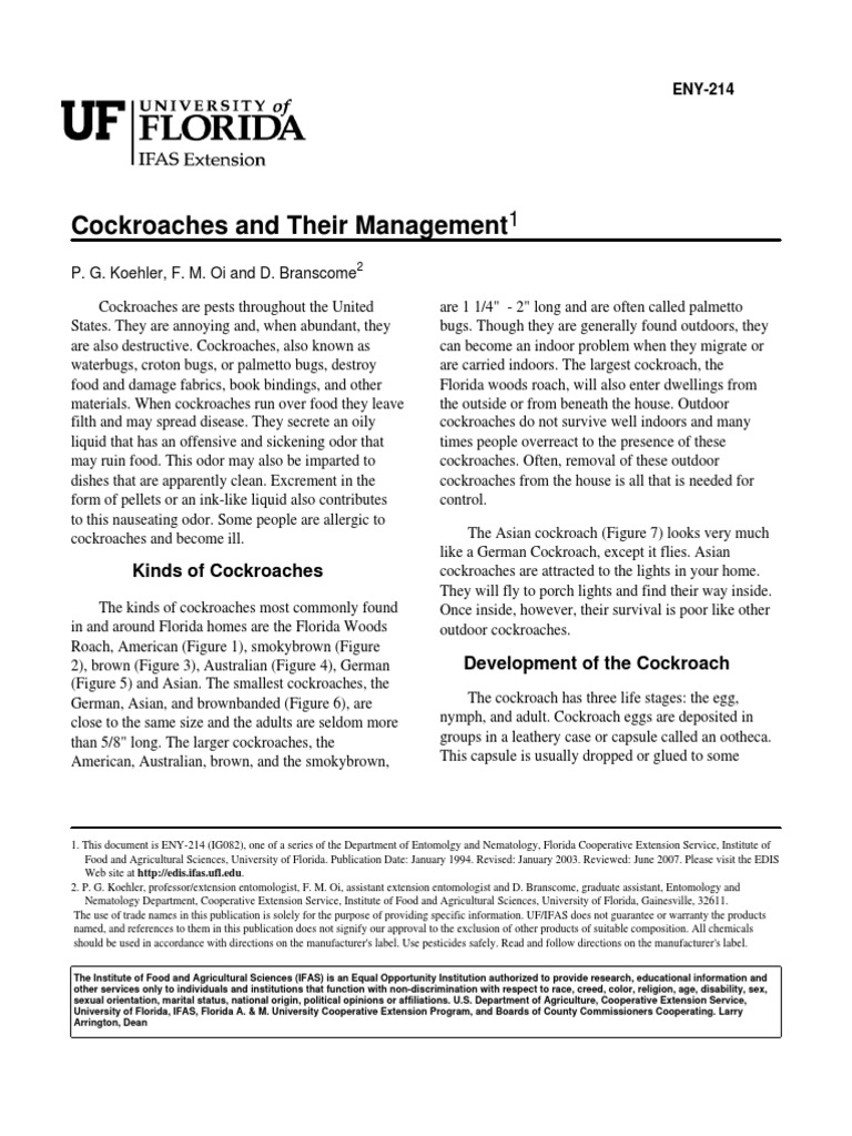 Cockroaches and Their Management (University of Florida, IG08200) | PDF ...