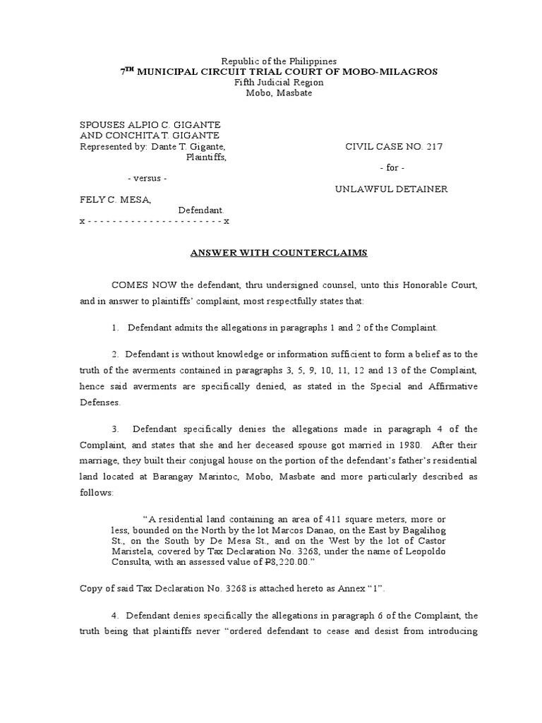 Answer To A Complaint | PDF | Lease | Pleading