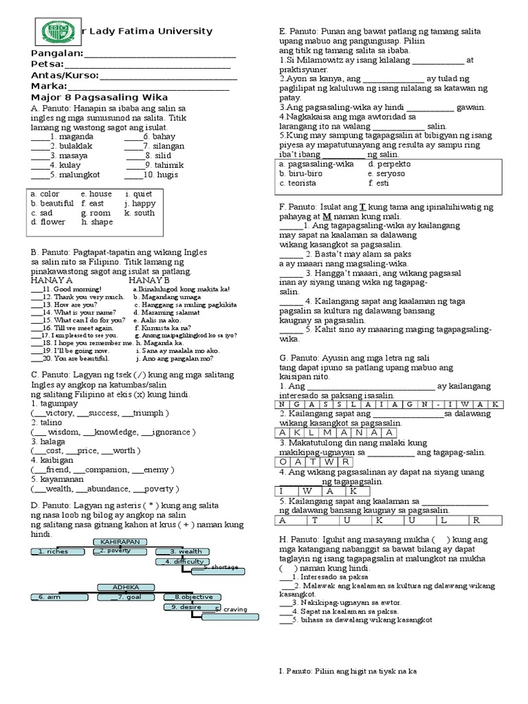 Pagsasaling Wika No. 1 Test | PDF