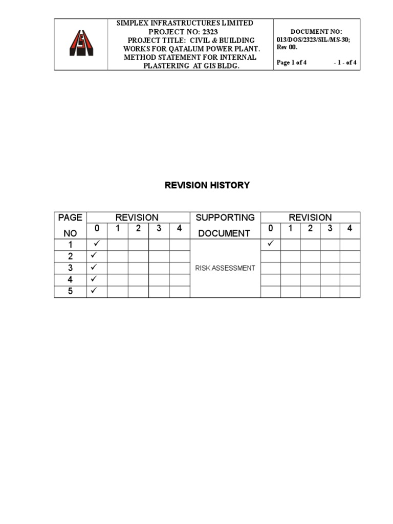 Working Method statement of PLASTERING.doc | Plaster | Industrial Processes