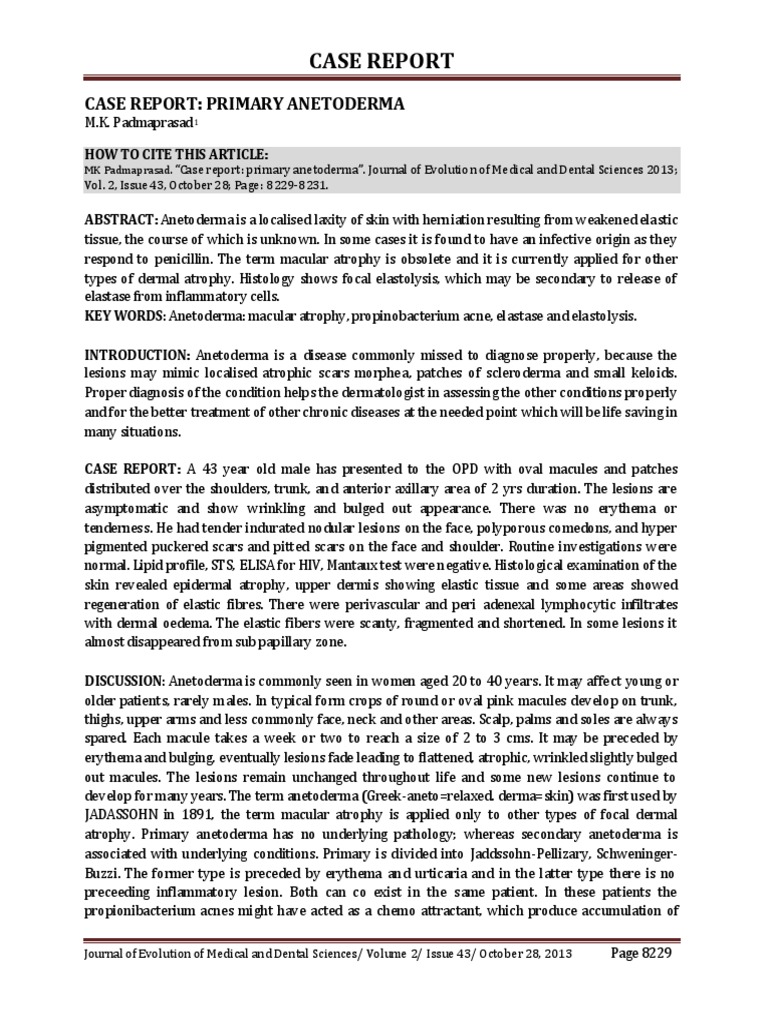 Case Report of Primary Anetoderma in a Male Patient with Associated ...