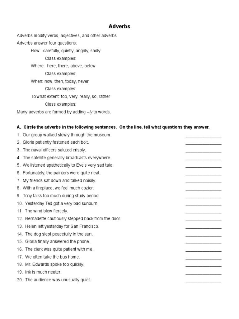 Adverbs: A. Circle The Adverbs in The Following Sentences. On The Line ...