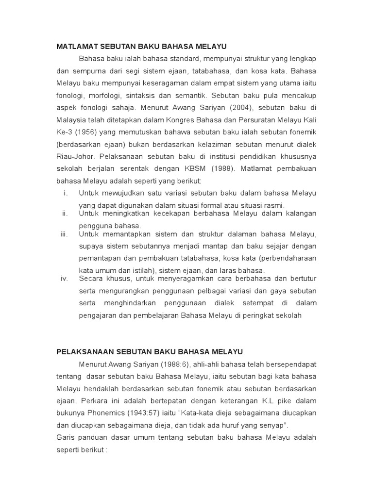 Matlamat Sebutan Baku Bahasa Melayu | PDF