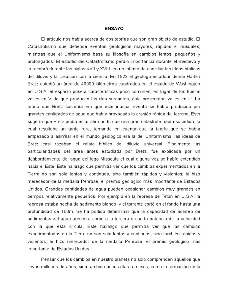 Ensayo Catastrofismo Uniformismo | PDF | Geología | Volcán
