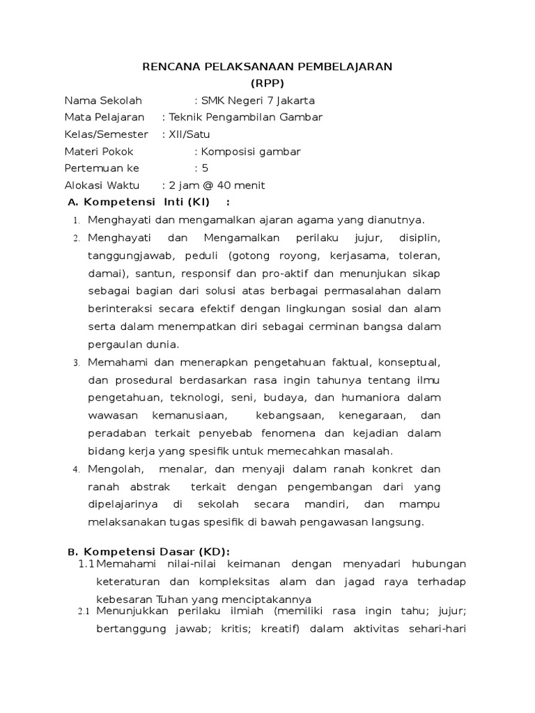 Gambar RPP Teknik Pengambilan Gambar | PDF | Karier & Perkembangan | Seni