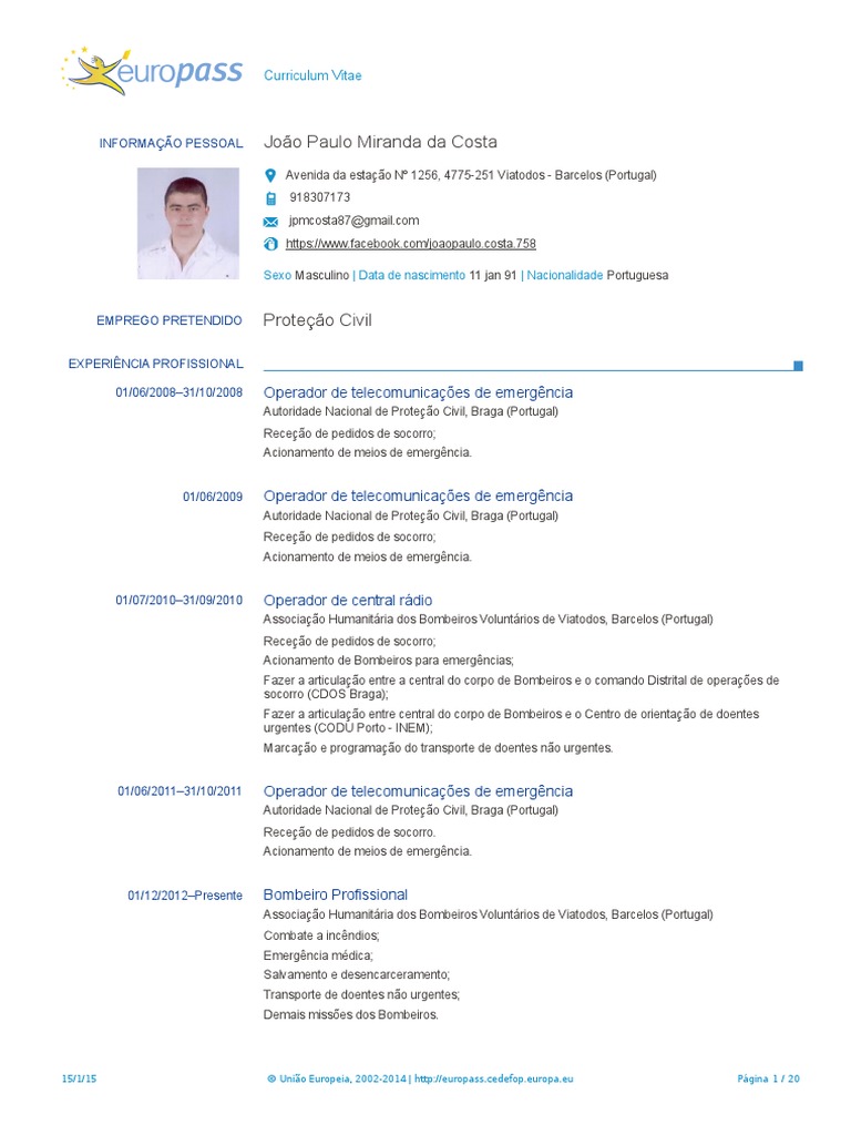 Europass CV Esp 20150115 Mirandadacosta PT | PDF | Portugal | Ambulância