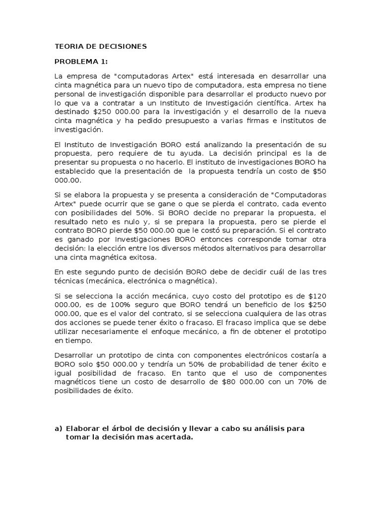 Teoria de Decisiones Ejericio 1 | PDF | Toma de decisiones | Business