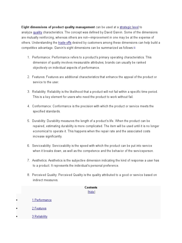 Eight Dimensions of Product Quality Management | PDF | Reliability ...