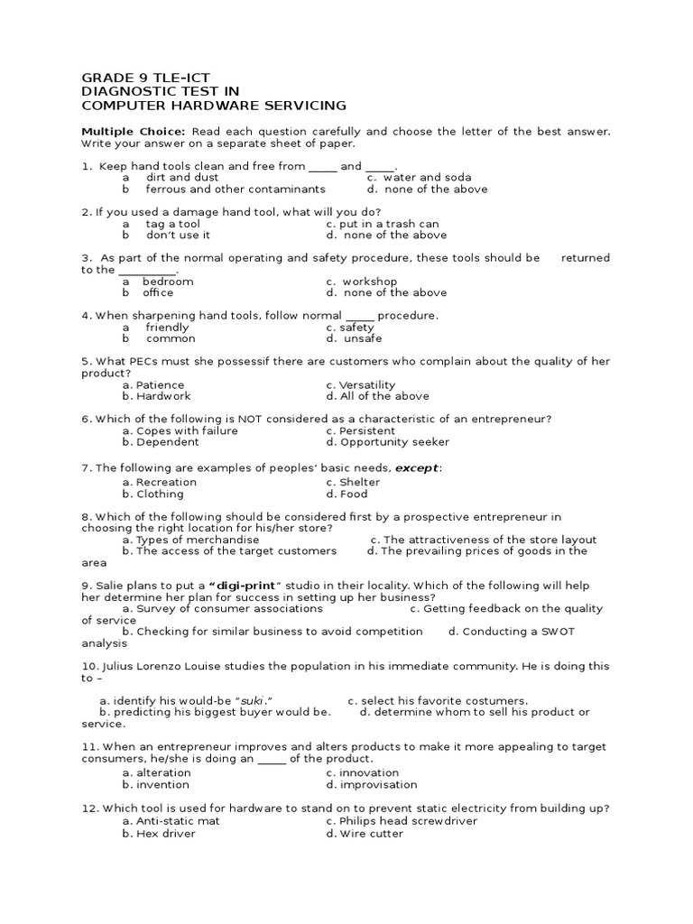 Diagnostic Grade 9 Tle | PDF | Disk Storage | Booting