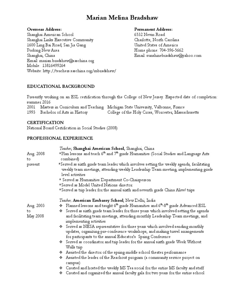 Marian Bradshaw's Resume | PDF | Teachers | Learning