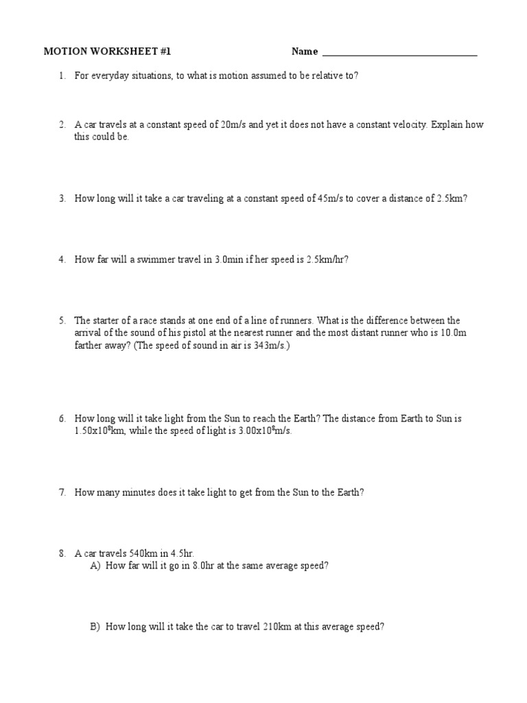 Motion Worksheet | PDF