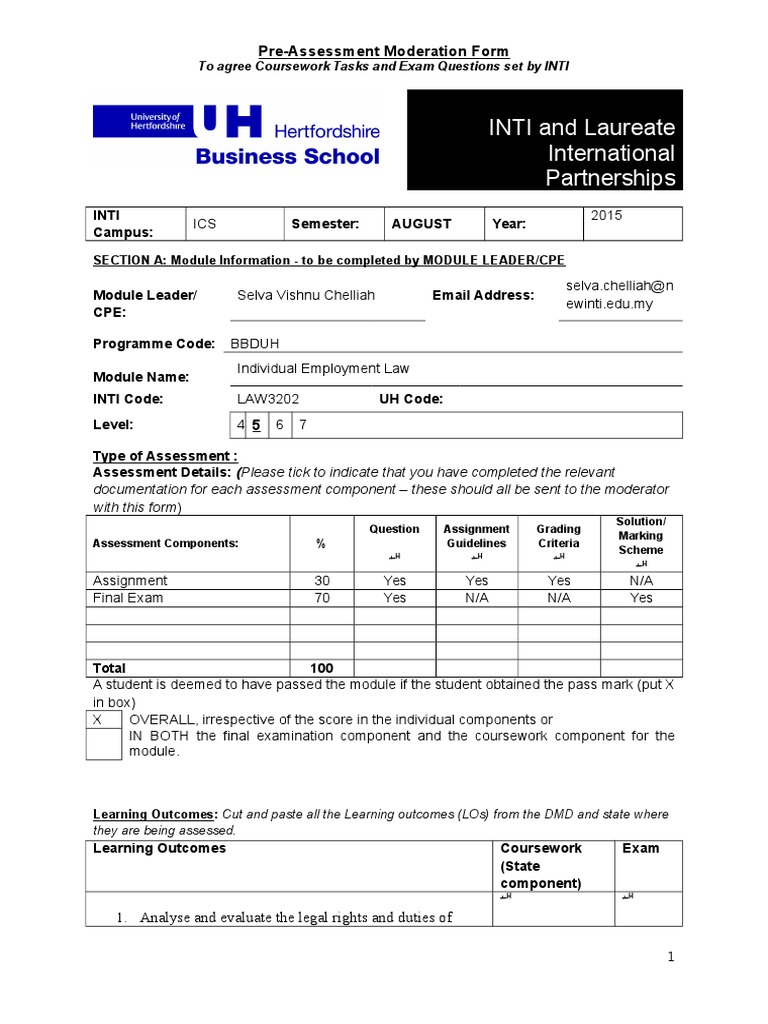 (LAW3202 0815) Pre Assessment Moderation Form | Educational Assessment ...