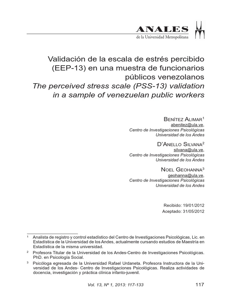 Escala de Estrés Percibido (EEP-13) PDF | PDF | Alfa de Cronbach | Validez (Estadísticas)