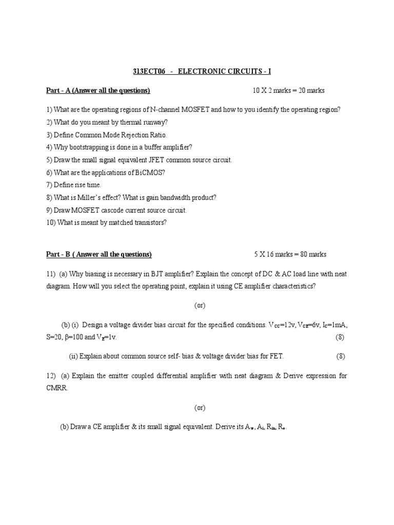 Electronic Circuits I Exam Questions | PDF | Field Effect Transistor ...