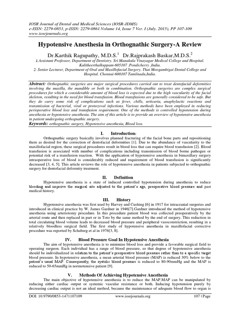 Hypotensive Anesthesia in Orthognathic Surgery-A Review | PDF ...