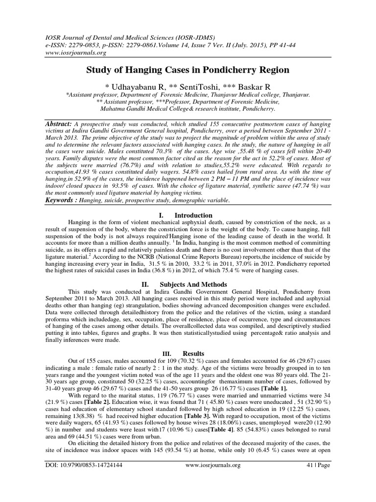 Study of Hanging Cases in Pondicherry Region | PDF | Hanging | Marriage