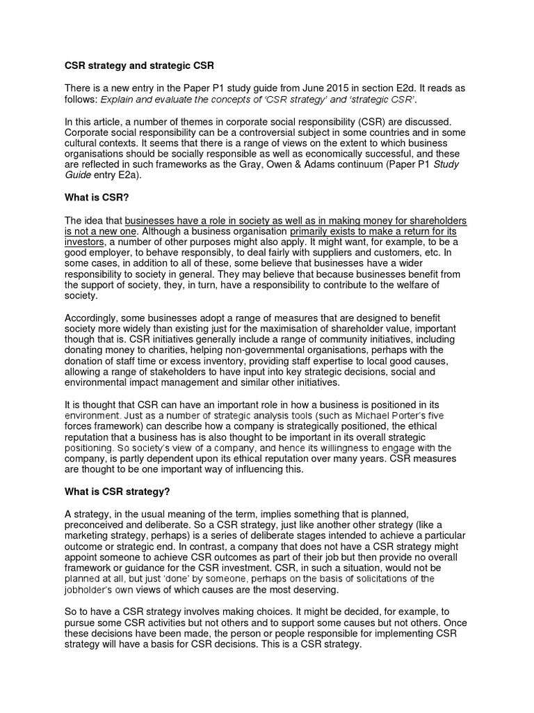 CSR Strategy and Strategic CSR | PDF | Corporate Social Responsibility ...