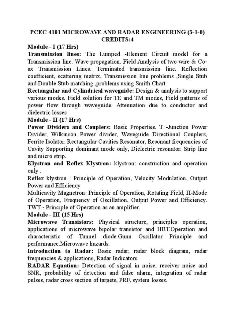 Microwave and Radar Engineering-Pcec 4101 | PDF | Microwave | Radar