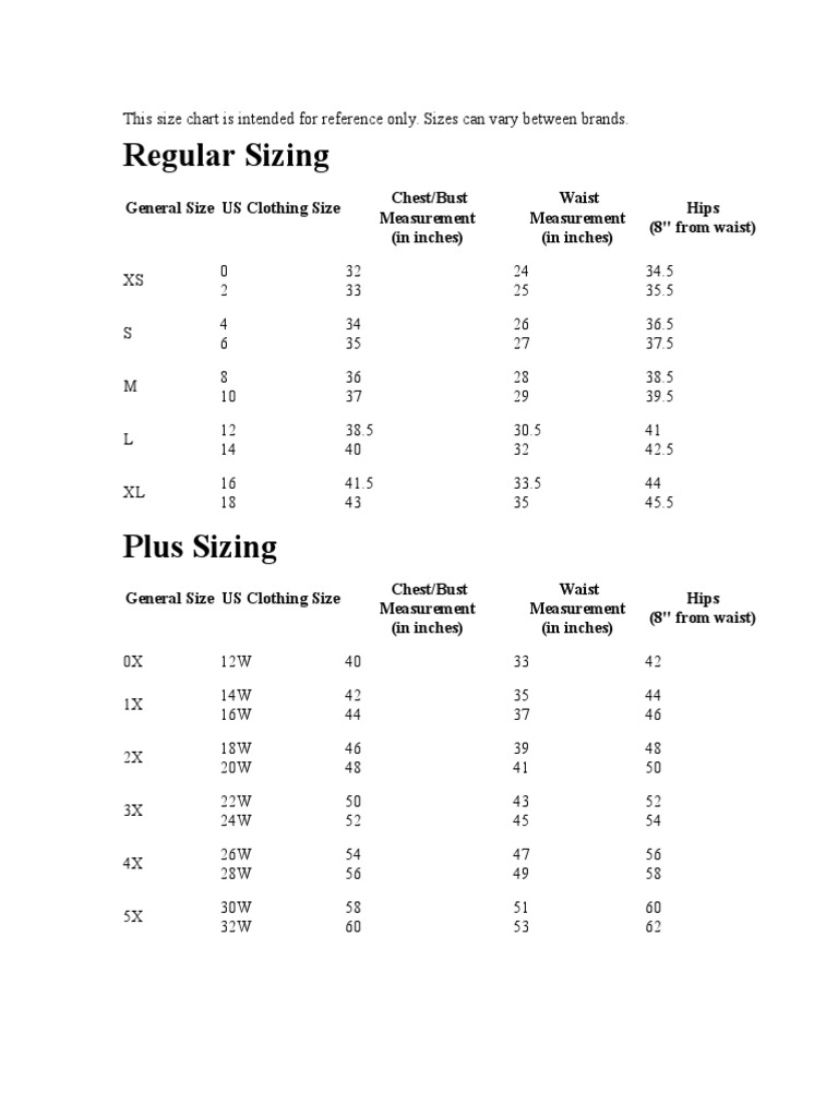 Comprehensive Clothing Size Chart | PDF