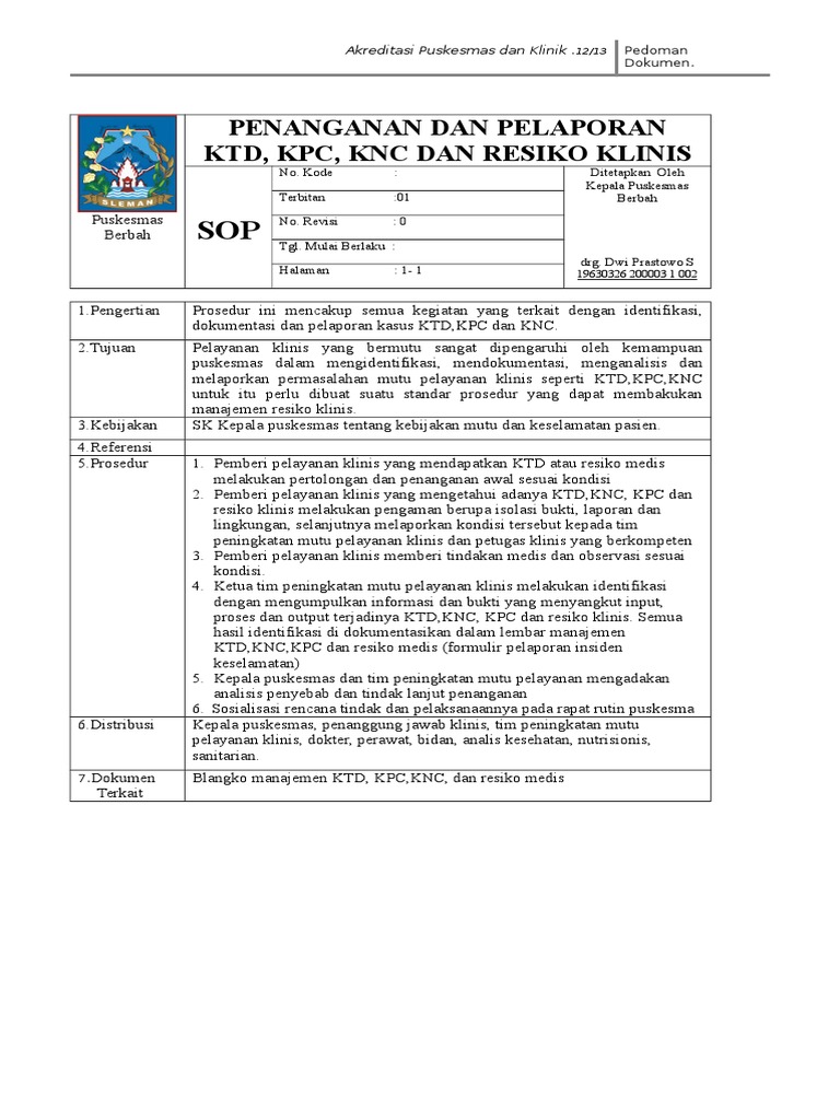 SPO Penganganan Dan Pelaporan KTD, KPC, KNC | PDF