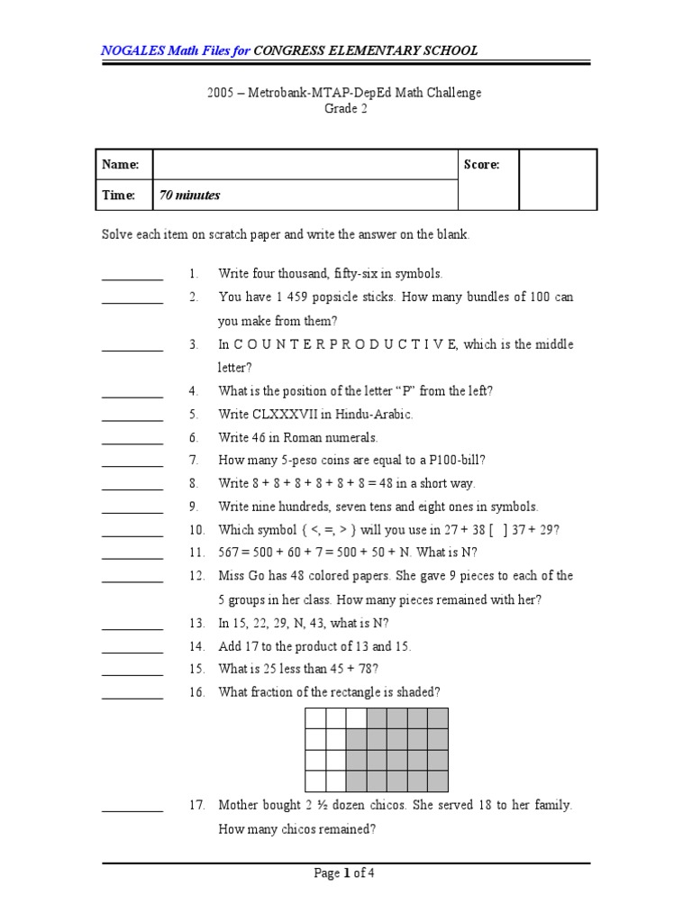 Grade 2 MTAP Test_2_2005 | Numbers | Physics & Mathematics | Free 30 ...
