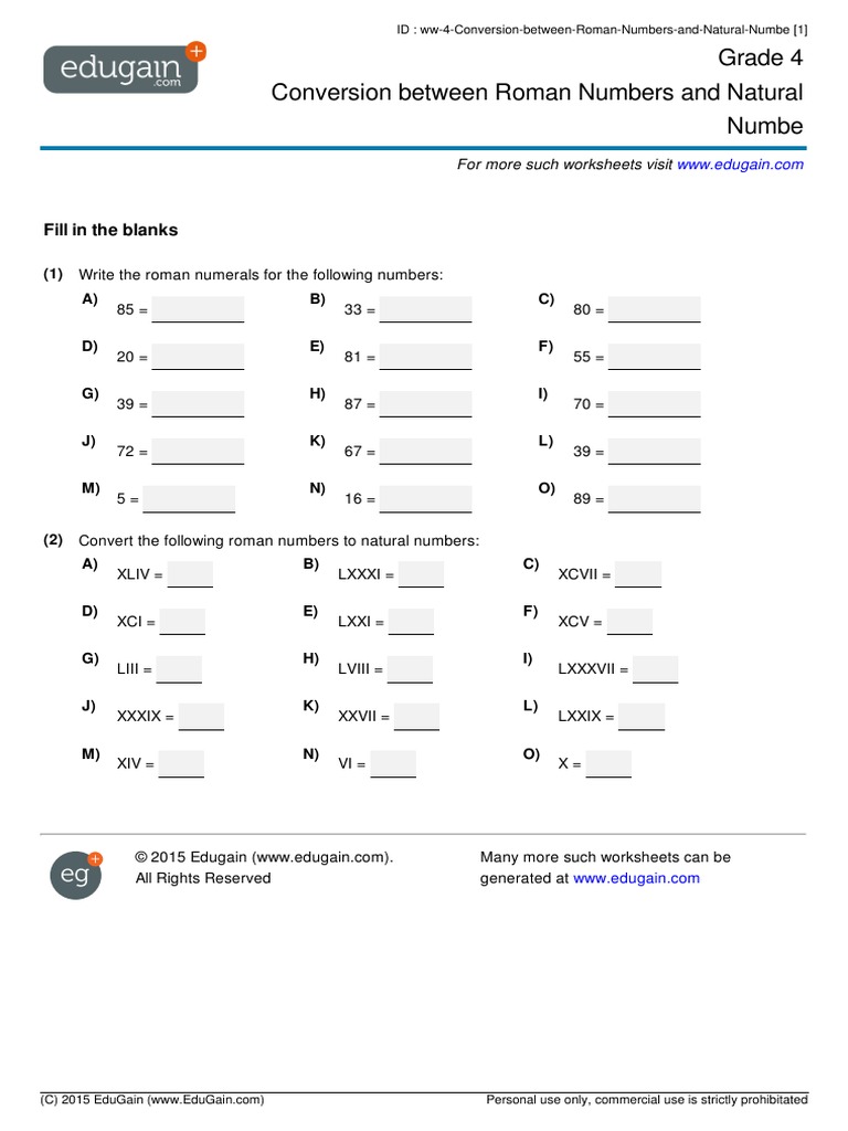 Roman to Natural Number Conversion Worksheet | PDF