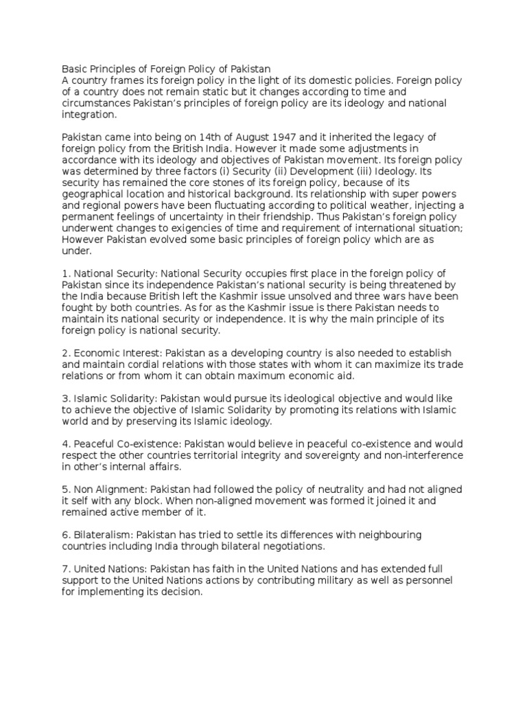 Basic Principles of Foreign Policy of Pakistan | PDF | Pakistan ...