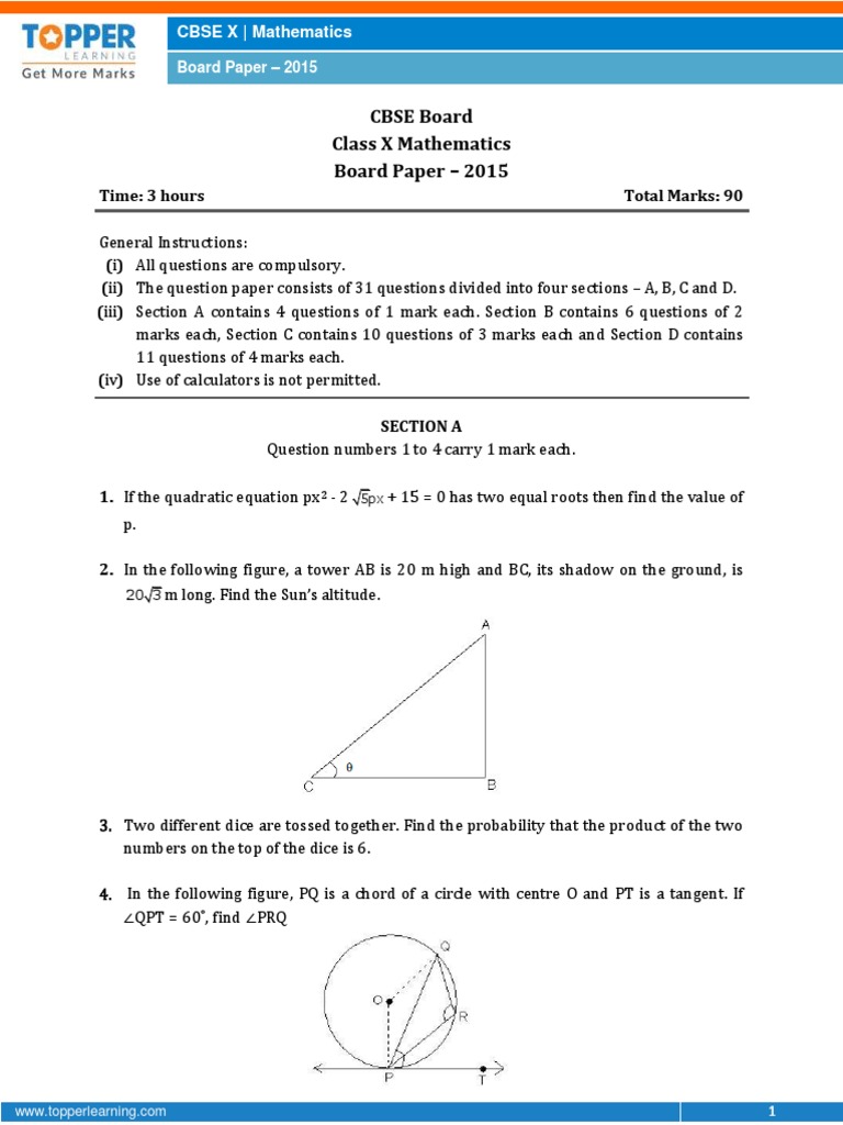 CBSE Board Class X Mathematics Board Paper - 2015: Time: 3 Hours Total ...